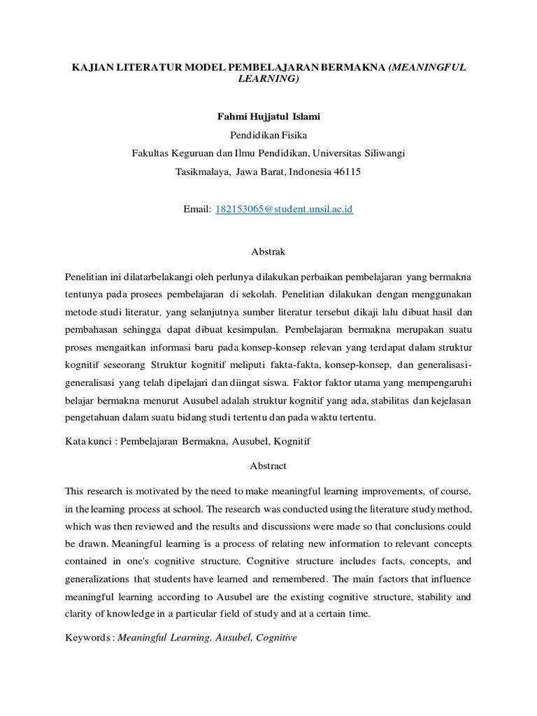 Kajian Literatur Model Pembelajaran Bermakna (Meaningful Learning) | PDF