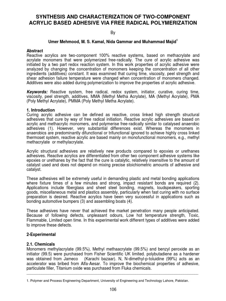 Acrylic Adhesive Synthesis | PDF | Poly(Methyl Methacrylate) | Polymers