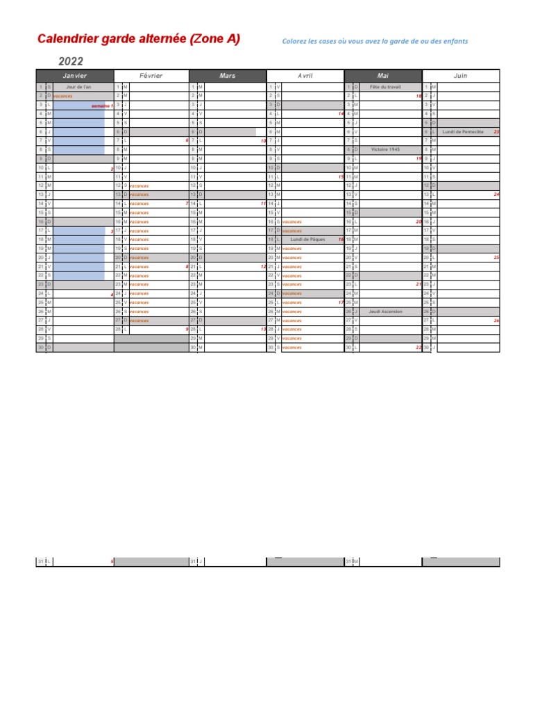 Calendrier Excel Garde Alternee 2022 2023 Gratuit ZONE A | PDF