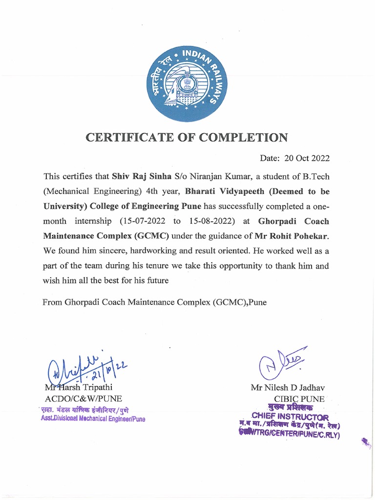 Shiv Raj Sinha Railway Intership Certificates | PDF