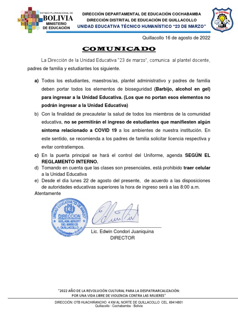 Comunicado Unidad Educativa 23 de Marzo | PDF | Política