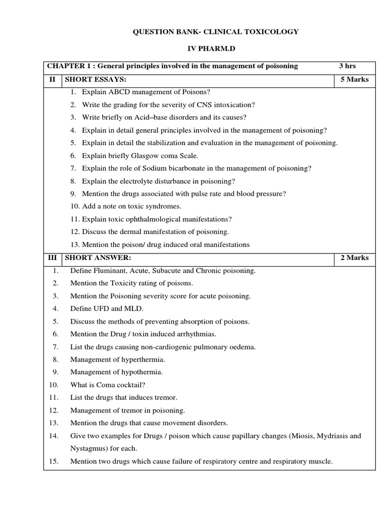 clinical toxicology Question bank 4th Pharm D | PDF | Substance ...