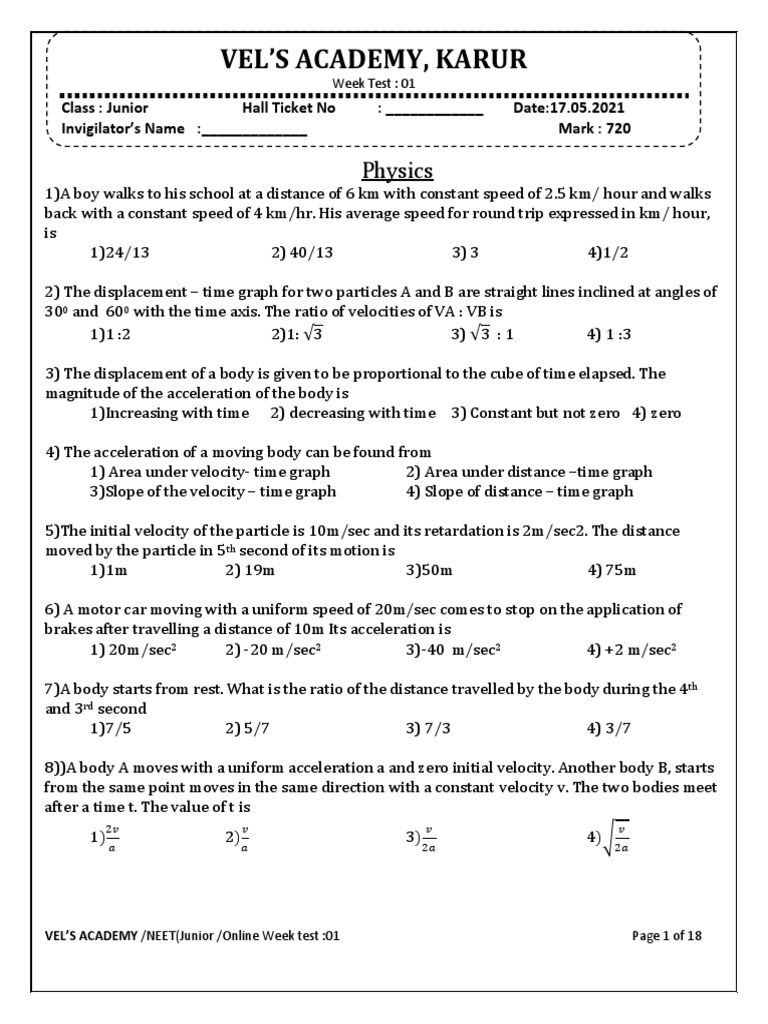 Week Test 1 | PDF | Molecules | Acceleration