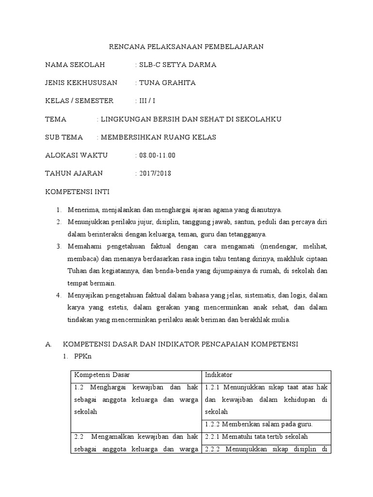 RPP Tunagrahita Tema Lingkungan Bersih Dan Sehat Di Sekolahku | PDF