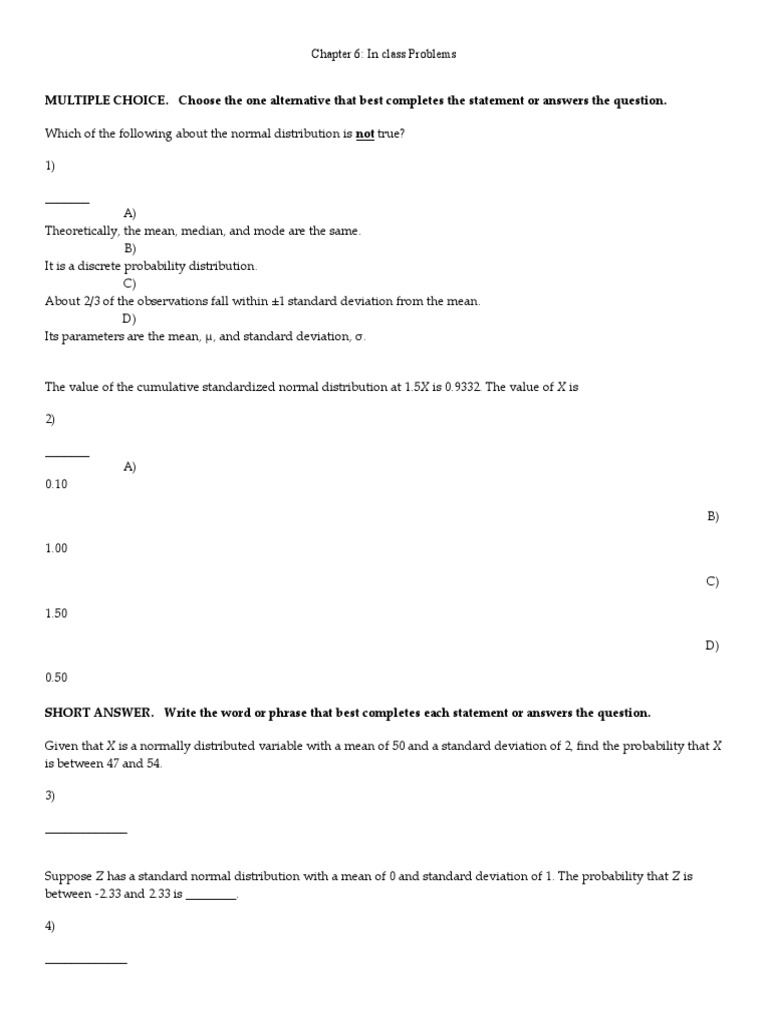 Chapter 6 in Class Questions | PDF | Normal Distribution | Probability ...