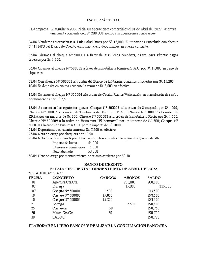 Caso Práctico 1 de Libros Bancos 6° Semana | PDF | Cheque | Bancos