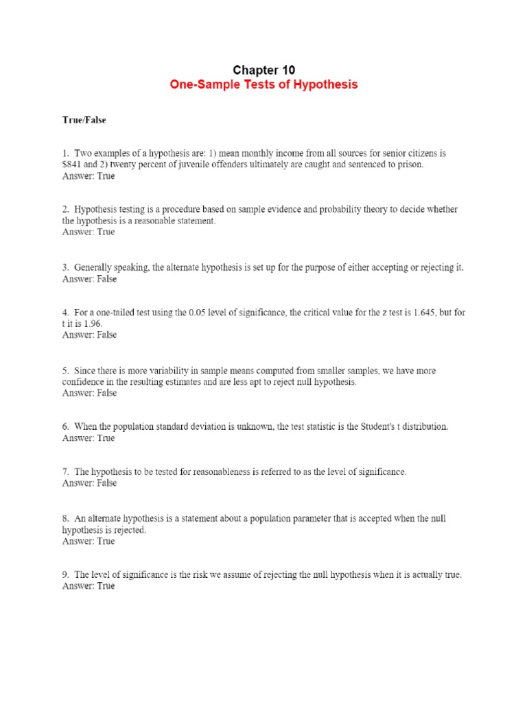 Chapter 10 One-Sample Tests of Hypothesis | PDF