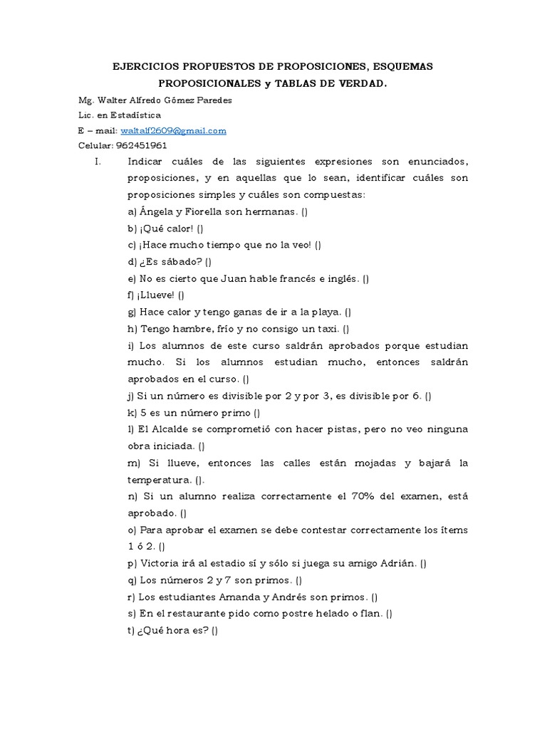 Ejercicios sobre Proposiciones Lógicas | PDF | Proposición | Lógica