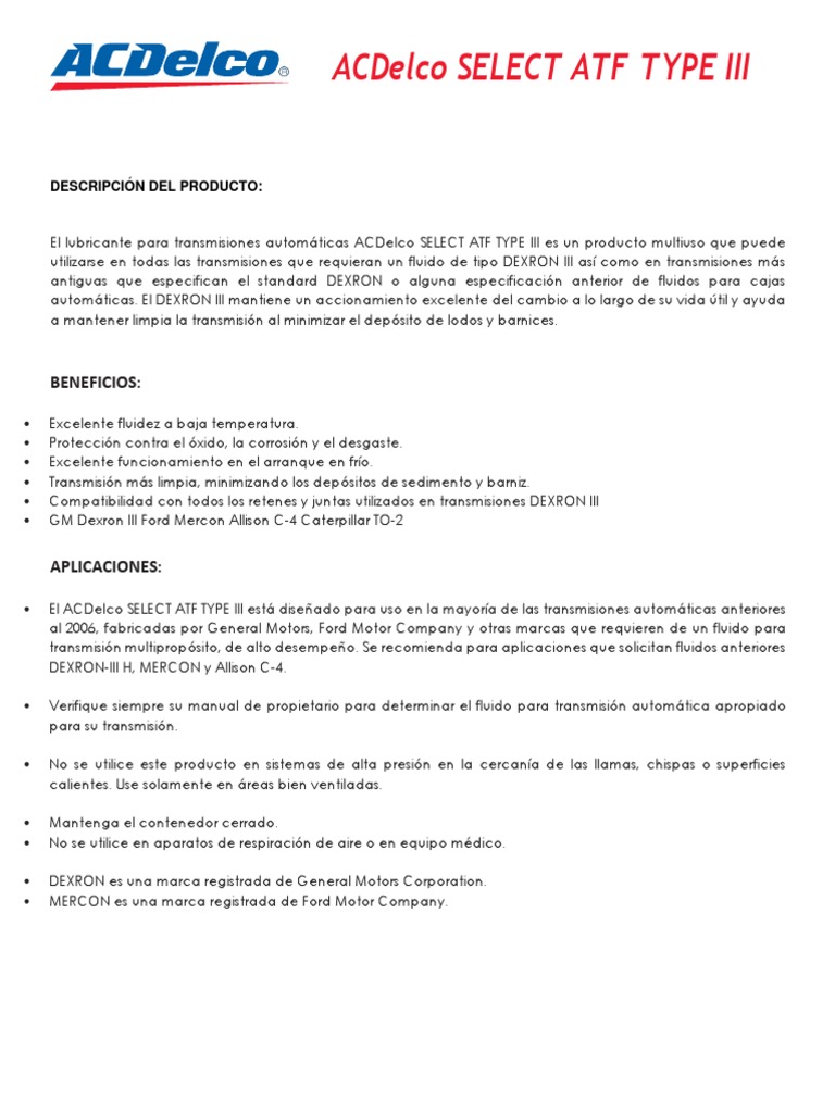 ACDelco Select ATF TYPE III | PDF | Motores generales | Bienes ...