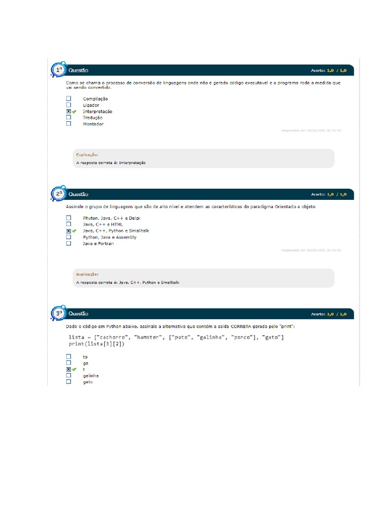Simulado - PARADIGMAS DE LINGUAGENS DE PROGRAMAÇÃO EM PYTHON | PDF