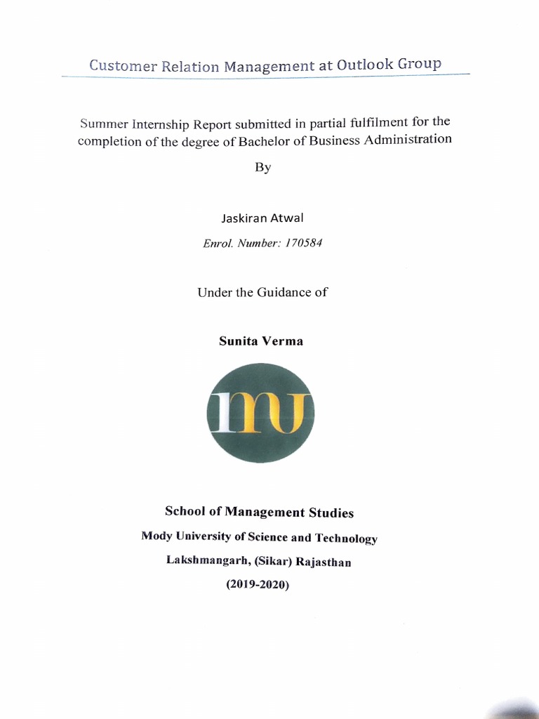 Sip Summer Internship Report Pdf Customer Relationship Management