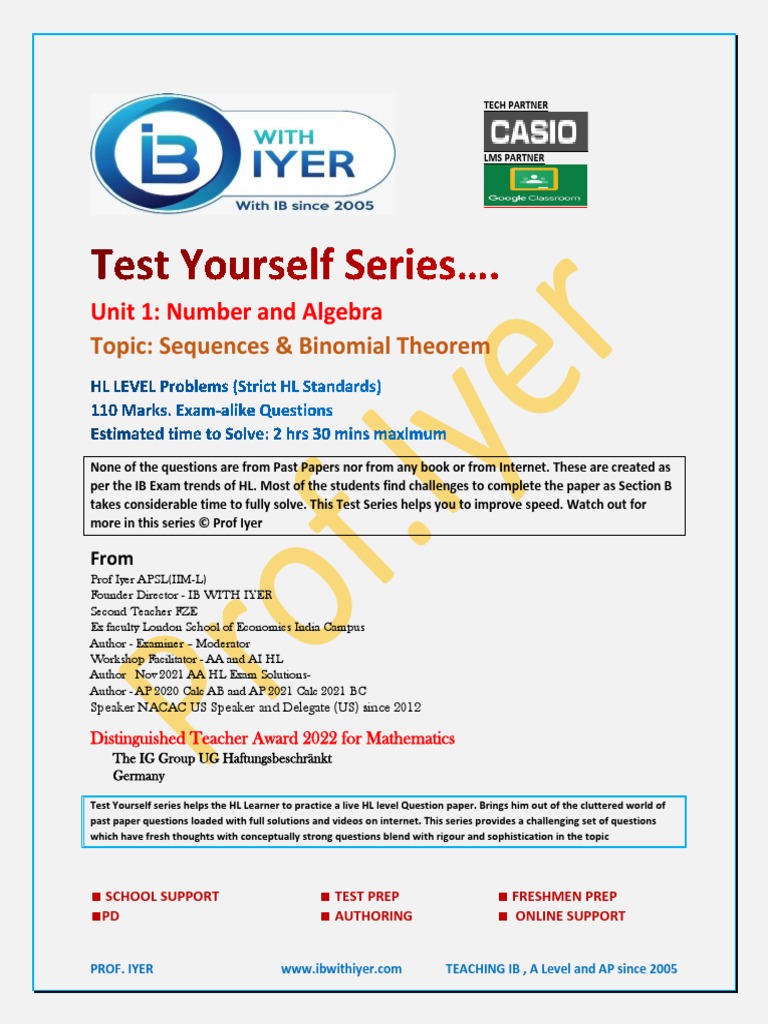 TEST YOURSELF SERIES UNIT 1 - Sequences and Binomial Theorem | PDF ...