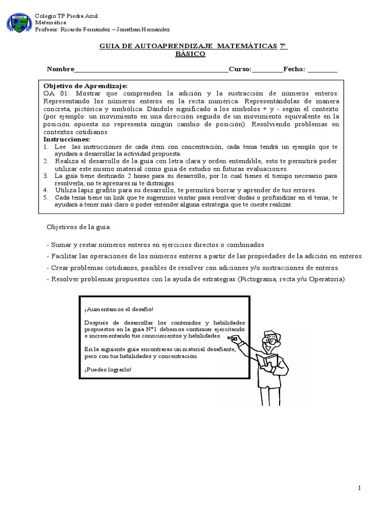 Matemática Guía-N°Enteros 7°basico | PDF | Sustracción | Entero