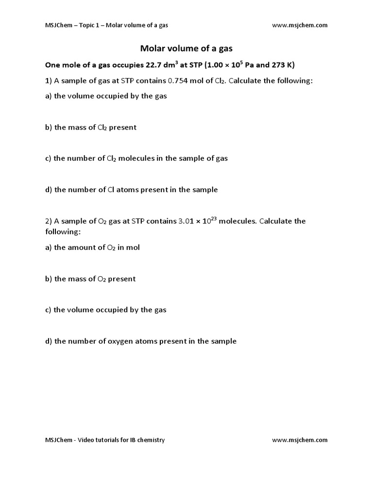 Topic 1 Molar Volume of A Gas | PDF | Mole (Unit) | Gases