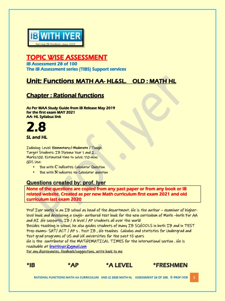 Assessment 28 of 100 Rational Functions - HL - AA and AI Old Math HL ...
