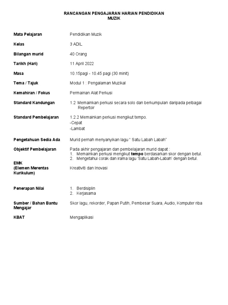 RPH Pendidikan Muzik Tahun 3 Perkusi | PDF