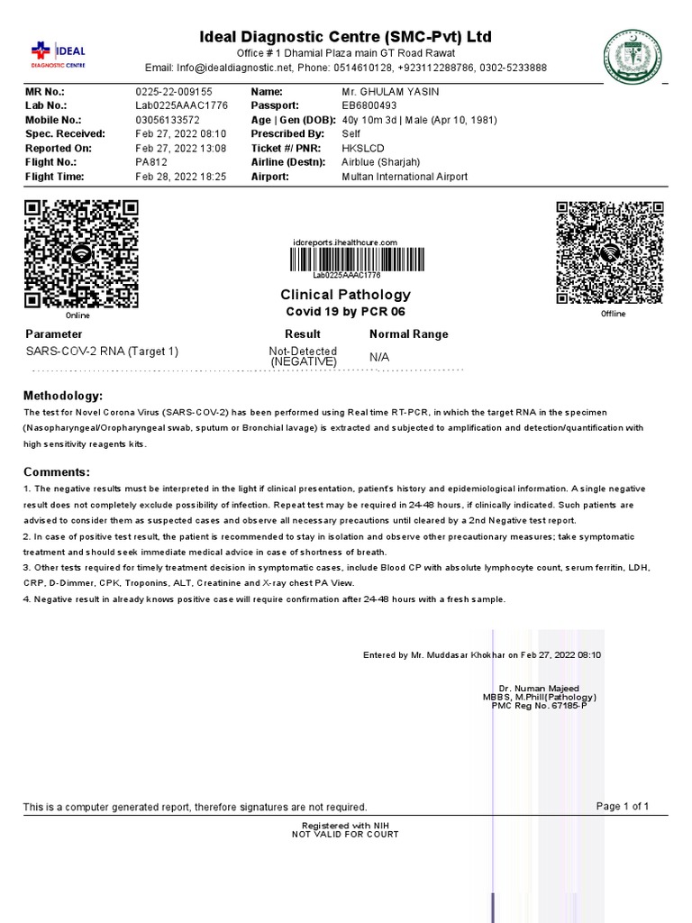 Negative Covid-19 PCR Test Report for Mr. Ghulam Yasin Ahead of His ...