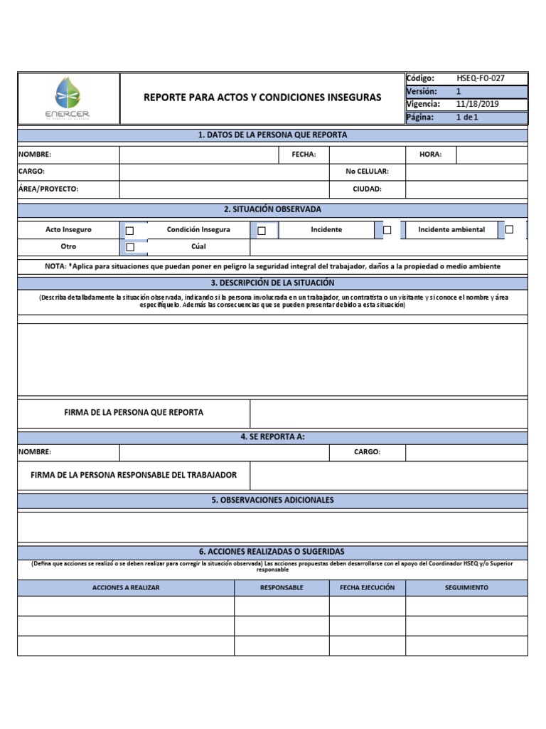 HSEQ-FO-027 Tarjeta de Reporte para Actos y Condiciones Inseguras | PDF