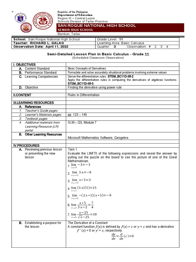 Derivatives Lesson Plan for Grade 11 | PDF | Derivative | Function ...