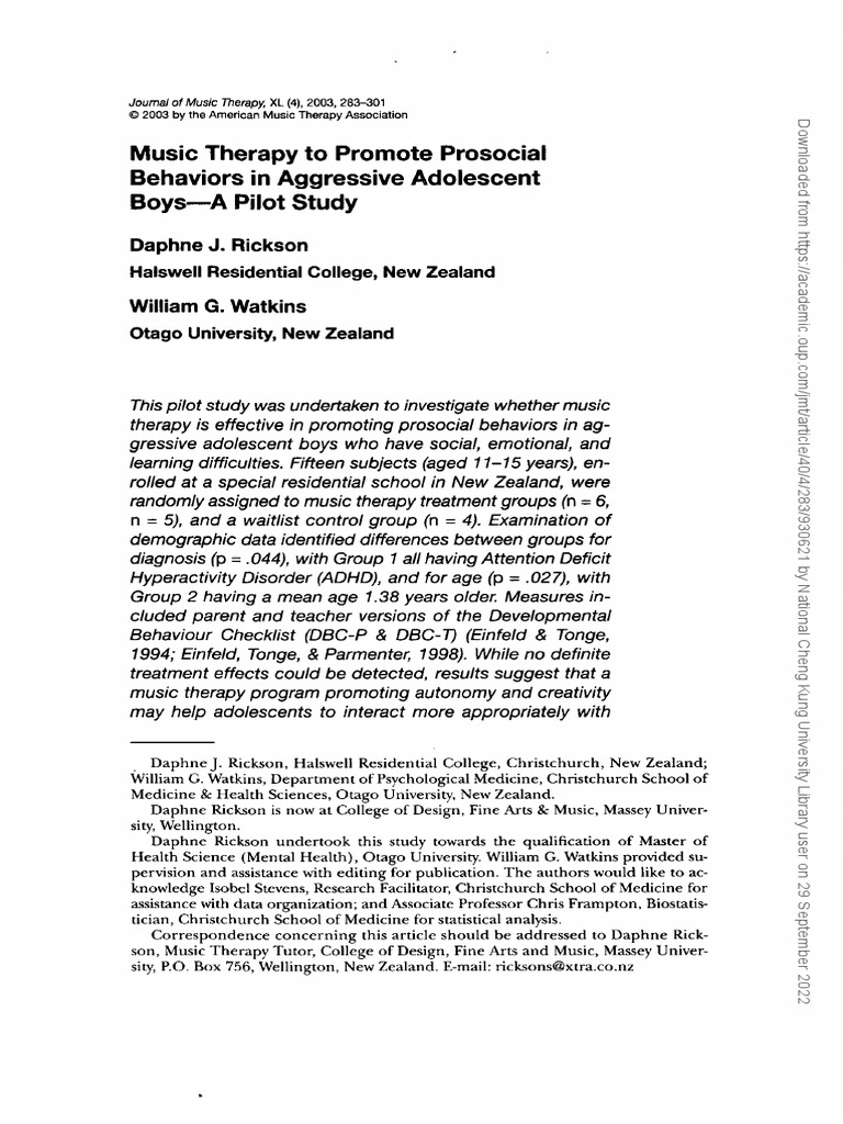 Music Therapy To Promote Prosocial Behaviors in Aggressive Adolescent ...