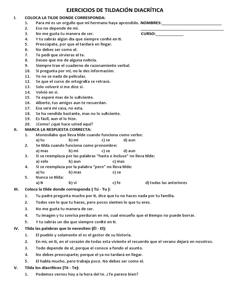 Ejercicios de Tilde Diacrítica | PDF