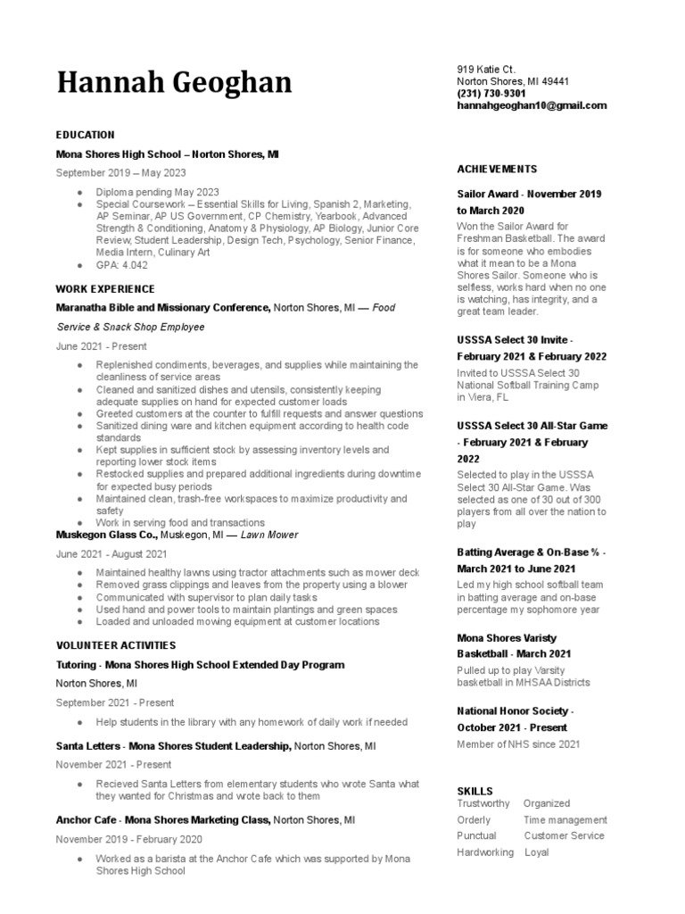 Hannah Geoghan Resume 2022 | PDF | Food And Drink