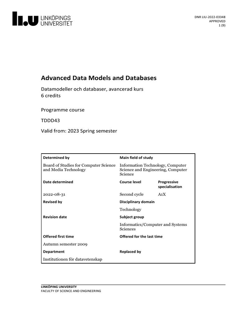 Syllabus Advanced Data Models And Databases Pdf Databases Data Model 