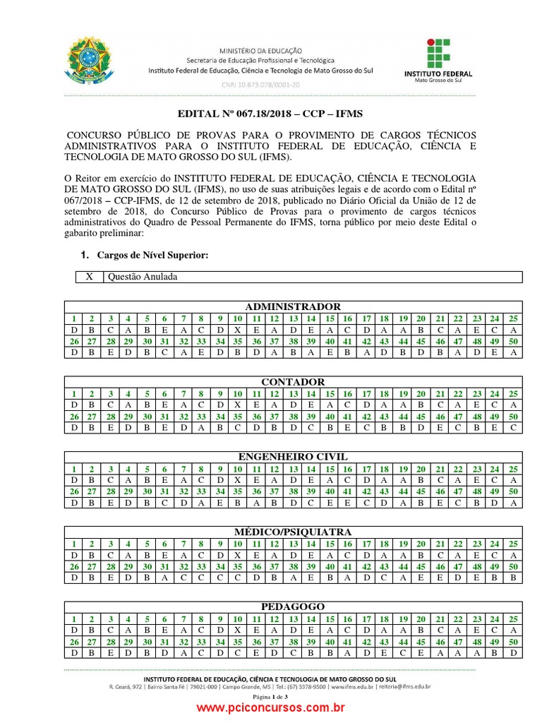 Gabarito Ifms Assistente Administrativo | PDF
