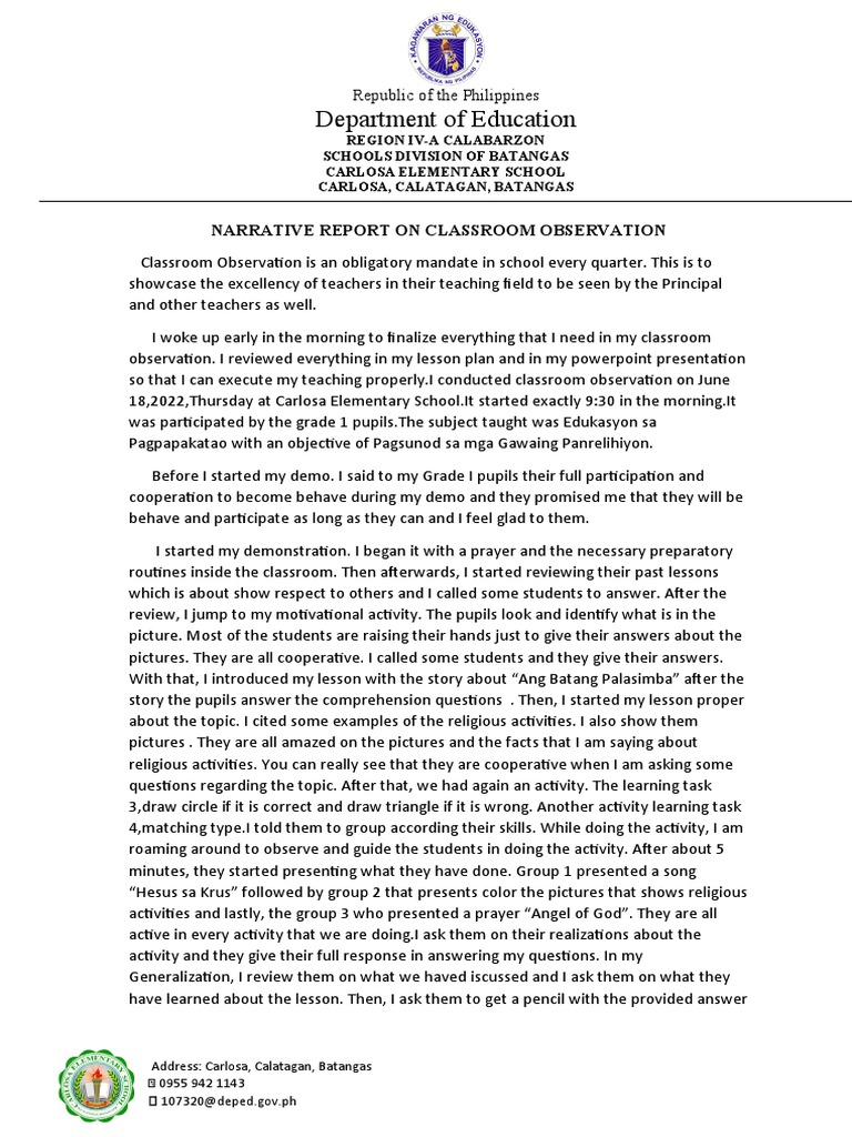 Narrative Report Classroom Observation | PDF | Teachers | Classroom