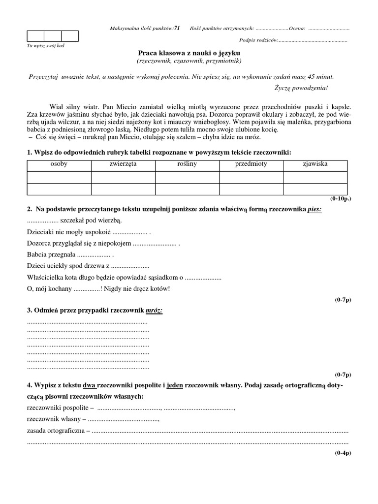 Sprawdzian KL V - Rzeczownik, Czasownik, Przymiotnik | PDF