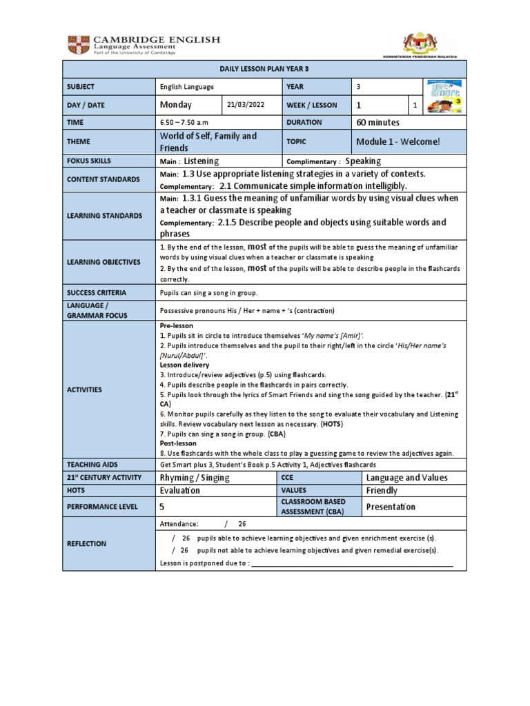 RPH Bi Year 3 Module 1 (LP1-16) | PDF | Lesson Plan | Teachers