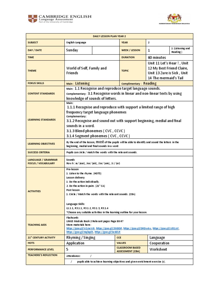 RPH Bi Year 2 (L1-11 Phonic) | PDF | Word | Lesson Plan