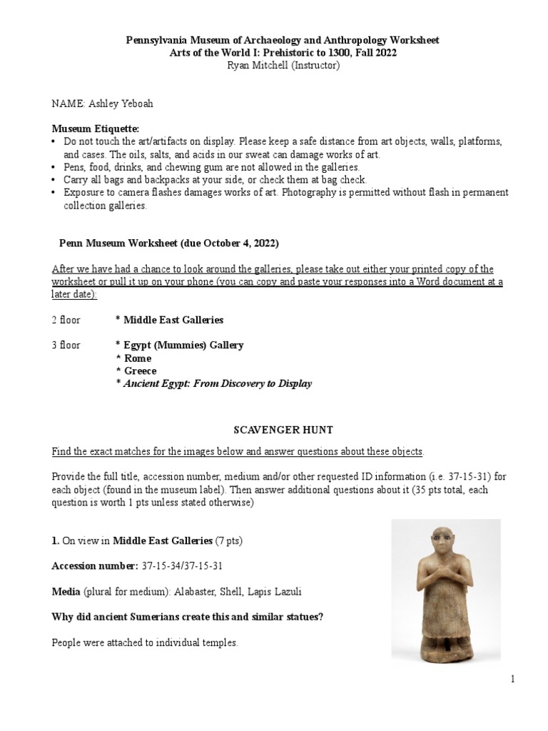 AW1 Fall22 PennMuseumWorksheet | PDF | Ancient Egypt | Tutankhamun