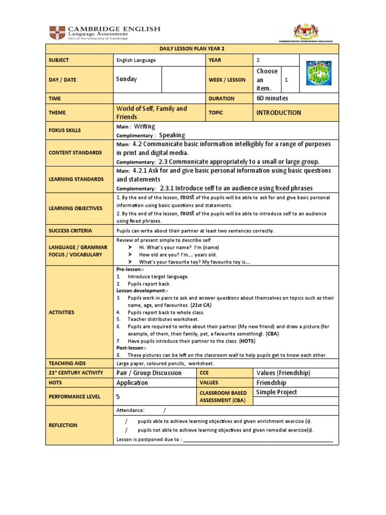 RPH Bi Year 2 (LP1-10) | PDF | Lesson Plan | Flashcard