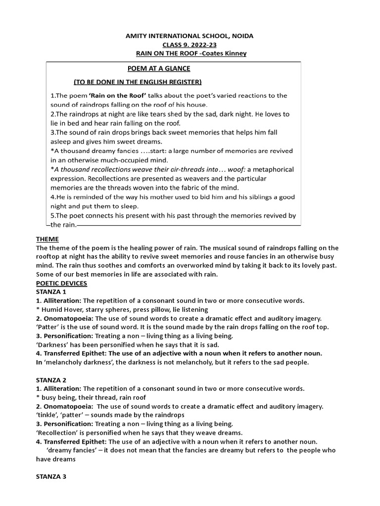 Handout (Poem) - Rain On The Roof - Class IX - 2022-23 | Download Free ...