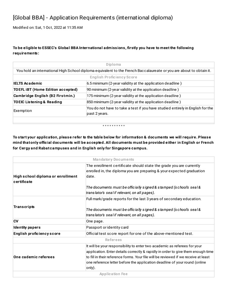 Application Requirements for ESSEC's Global BBA International Program ...
