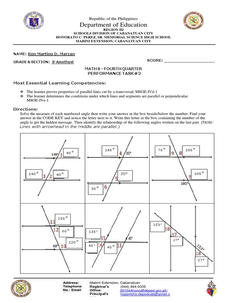 Peformance Task # 2-Math 8 Q4 Week 3-4 | PDF | Angle | Learning