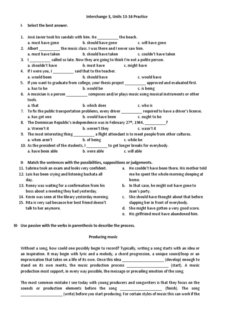 Interchange 3, Units 13-16 Practice | PDF