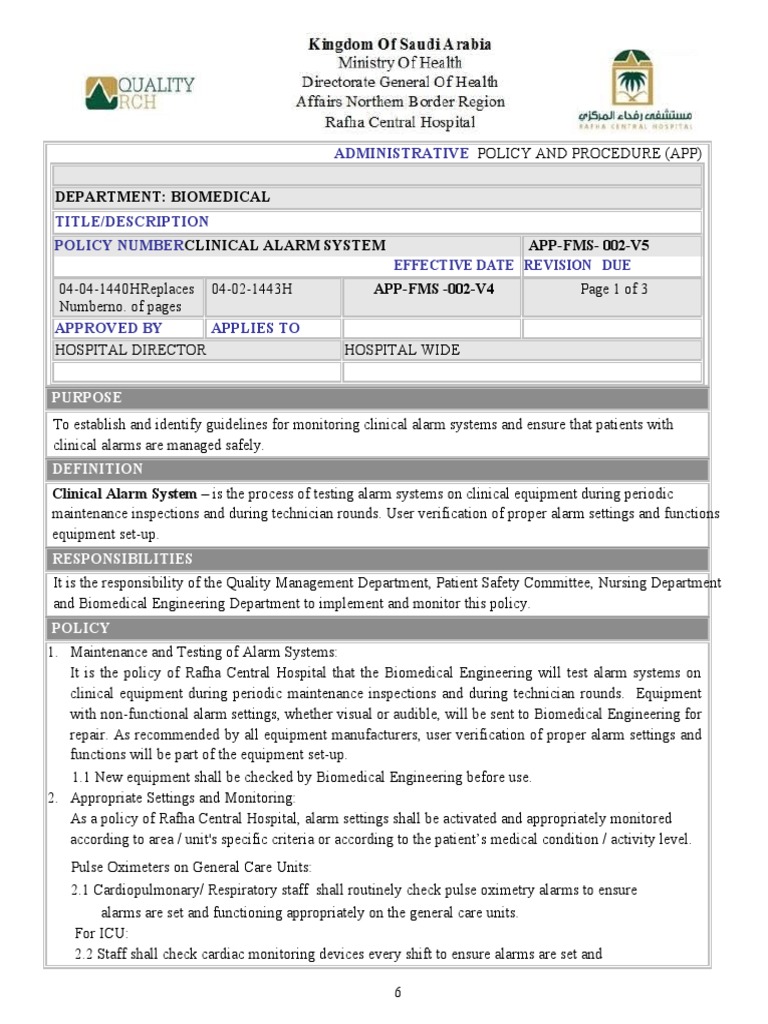 Clinical Alarm System Policy | PDF | Biomedical Engineering ...