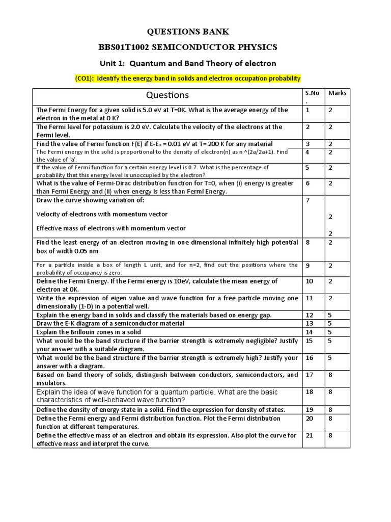 Question Bank (Semiconductor Physics) | PDF | Semiconductors | P–N Junction