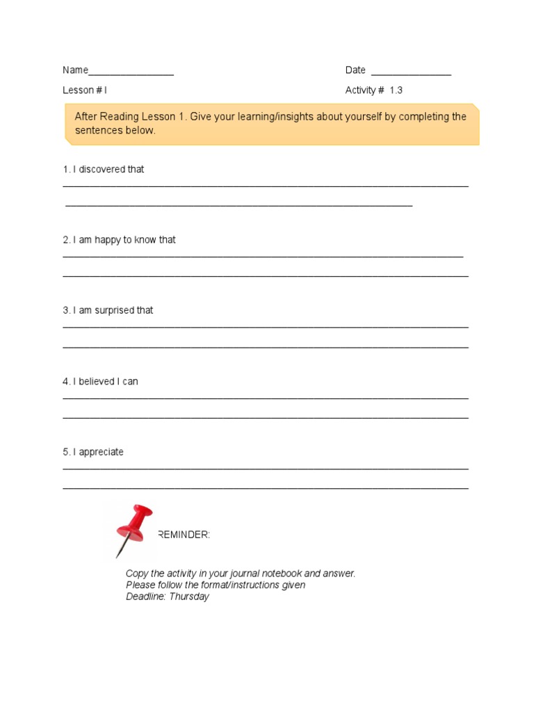 After Reading Lesson 1. Give Your Learning/insights About Yourself by ...
