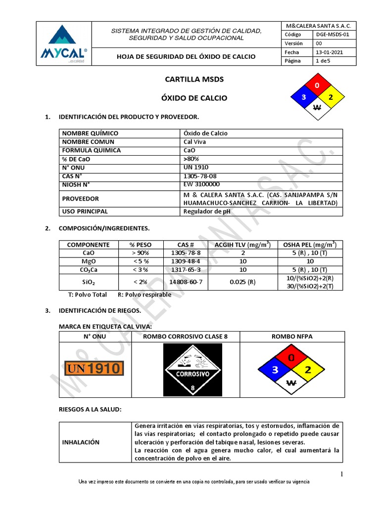 DGE-MSDS-01 Hoja MSDS Óxido de Calcio Ver 00 | PDF | Agua | Seguridad y ...