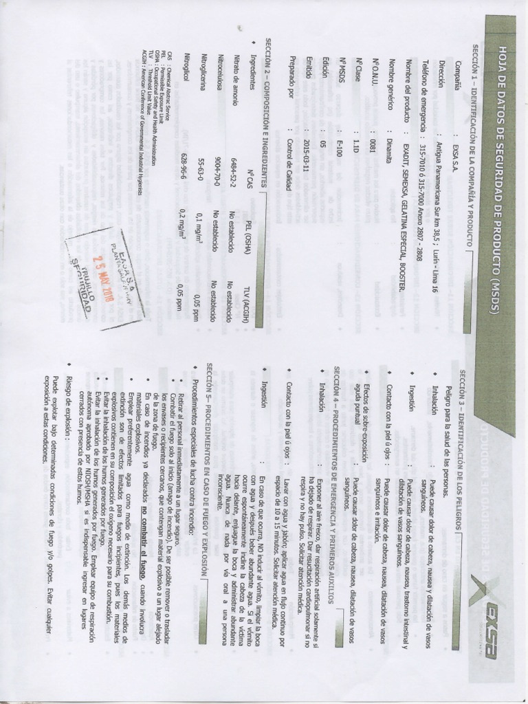Hoja MSDS Dinamita Exsa | PDF