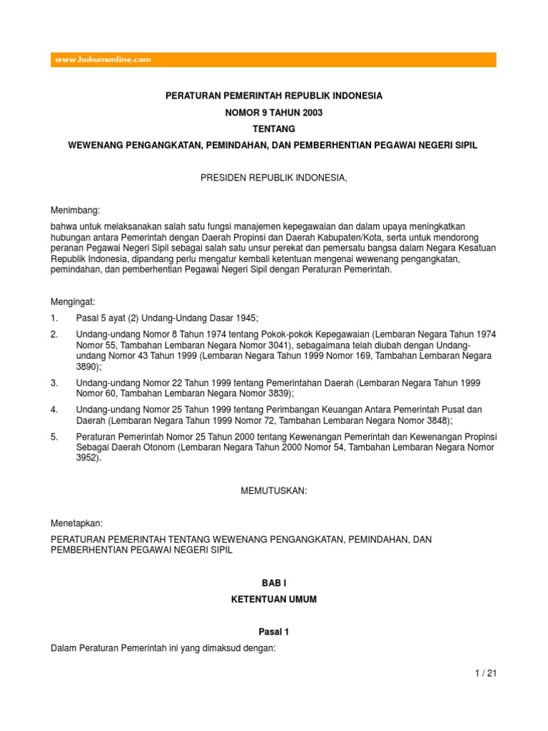 PP 9 Tahun 2003 TTG Pengangkatan Dan Pemberhentian PNS | PDF