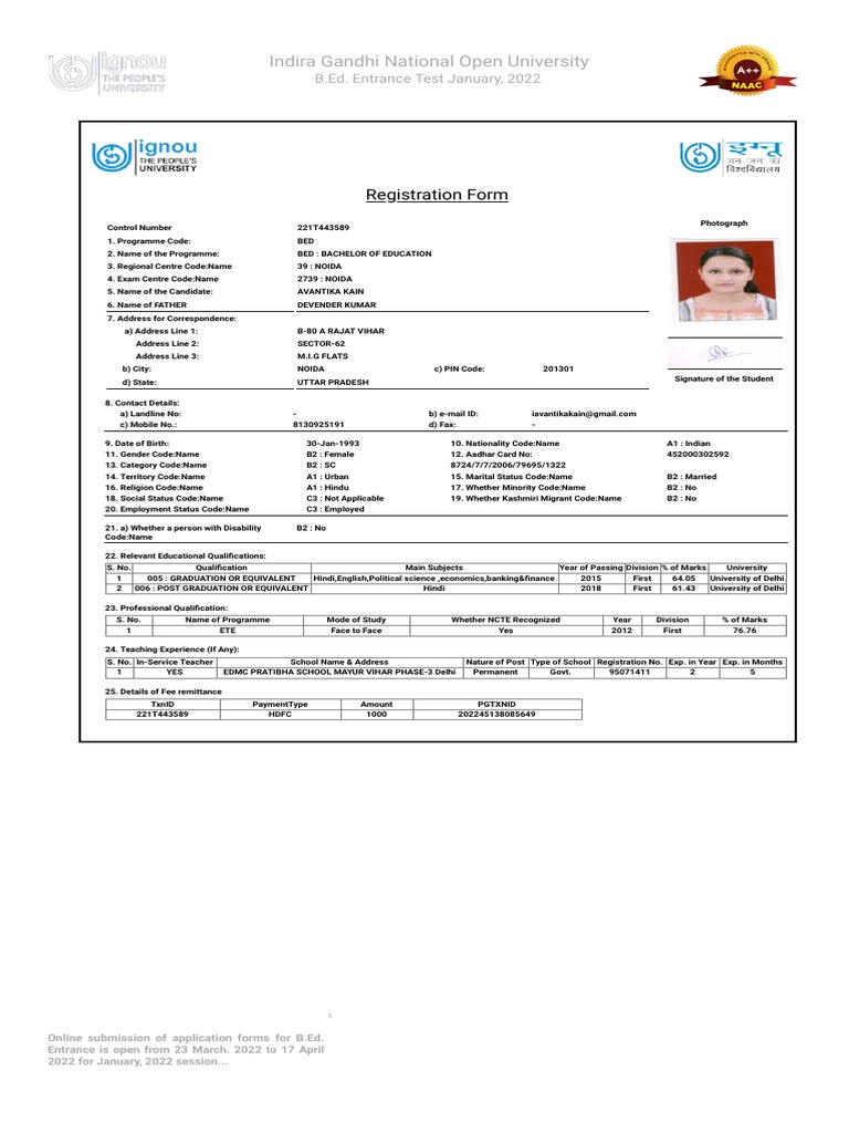 IGNOU Online Registration For B.ed. Entrance | PDF