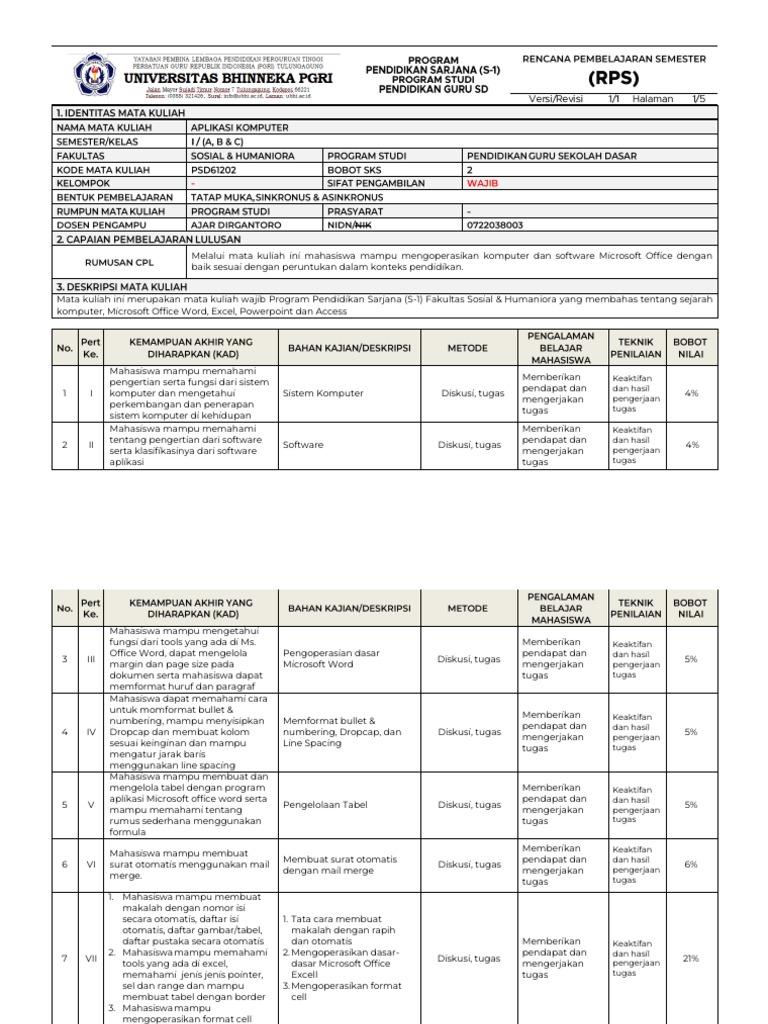 RPS Aplikasi Komputer - Ajar - PSD61202 | PDF