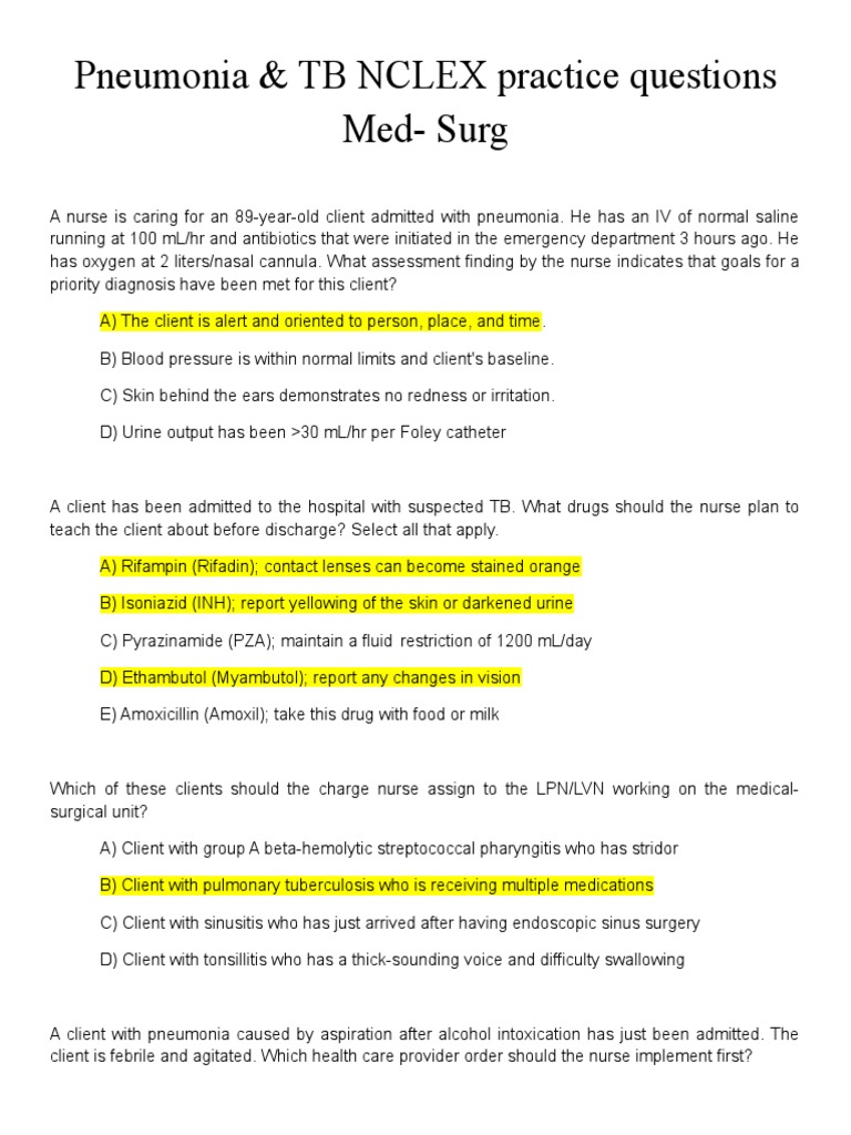 Pneumonia & TB NCLEX Practice Questions Med Surg | PDF | Pneumonia ...