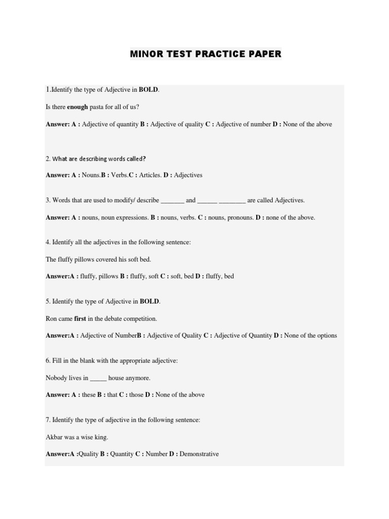 Minor Test Practice Paper-English | PDF