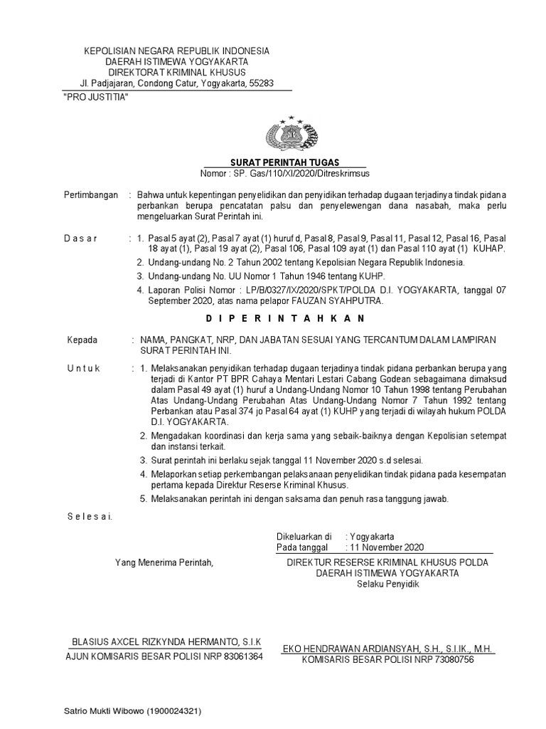 Surat Perintah Tugas Penyidikan Polisi | PDF