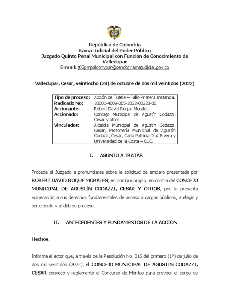 .Fallo Tutela 2022-00228 - Robert David Roque Morales - Debido Proceso y Otros - Concede | PDF ...